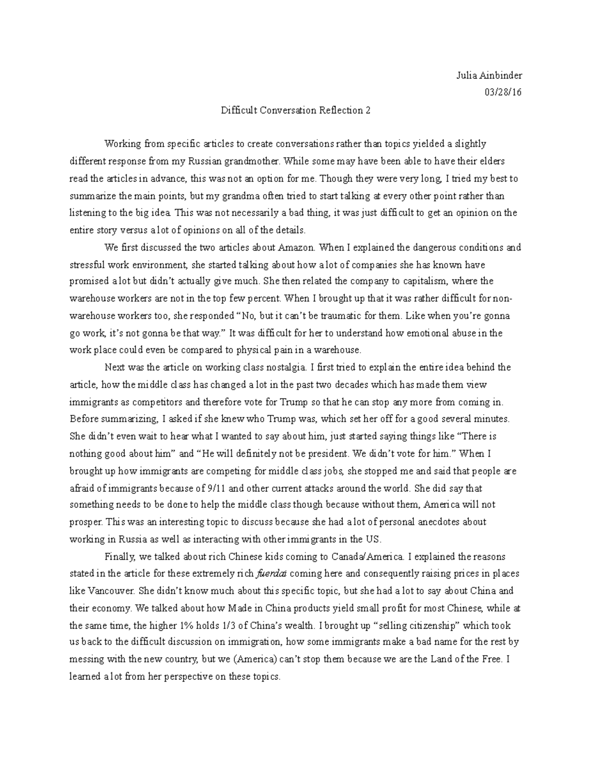 Difficult Conversation Reflection 2 - Julia Ainbinder 03/28/ Difficult ...