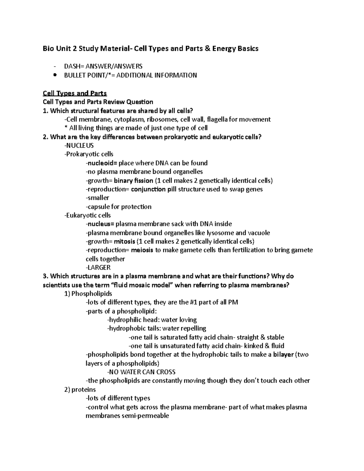 Bio Unit 2 Study Material - Bio Unit 2 Study Material- Cell Types and ...