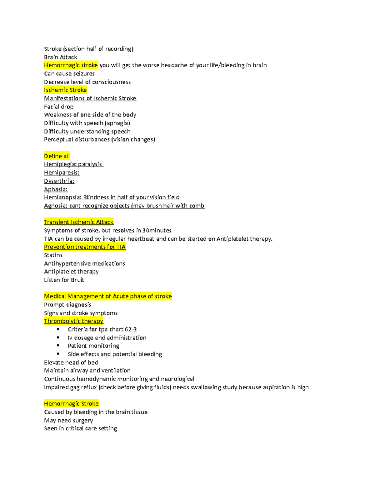 Med Surg Stroke notes - Stroke (section half of recording) Brain Attack ...
