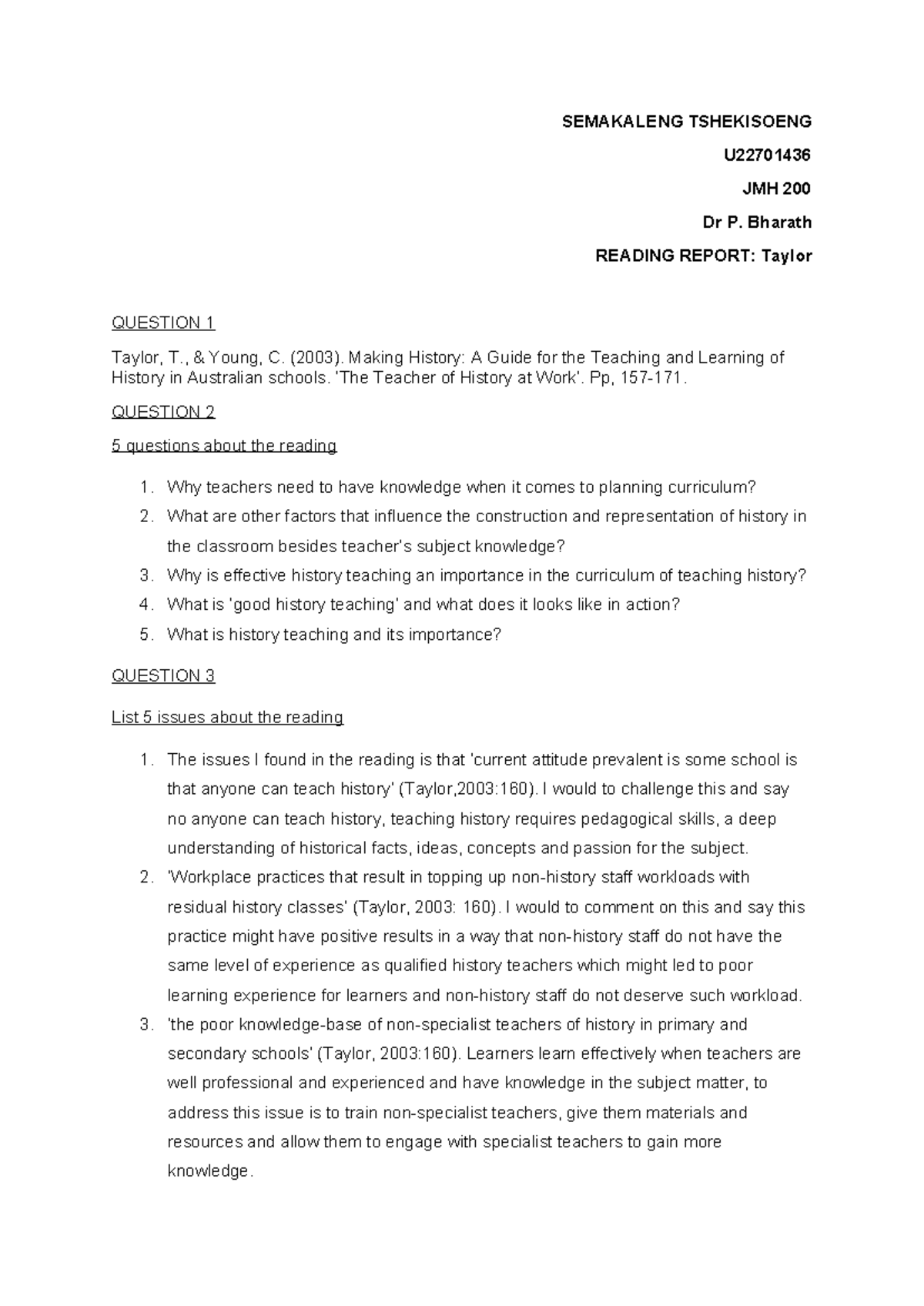 Reading Report Taylor - SEMAKALENG TSHEKISOENG U JMH 200 Dr P. Bharath ...