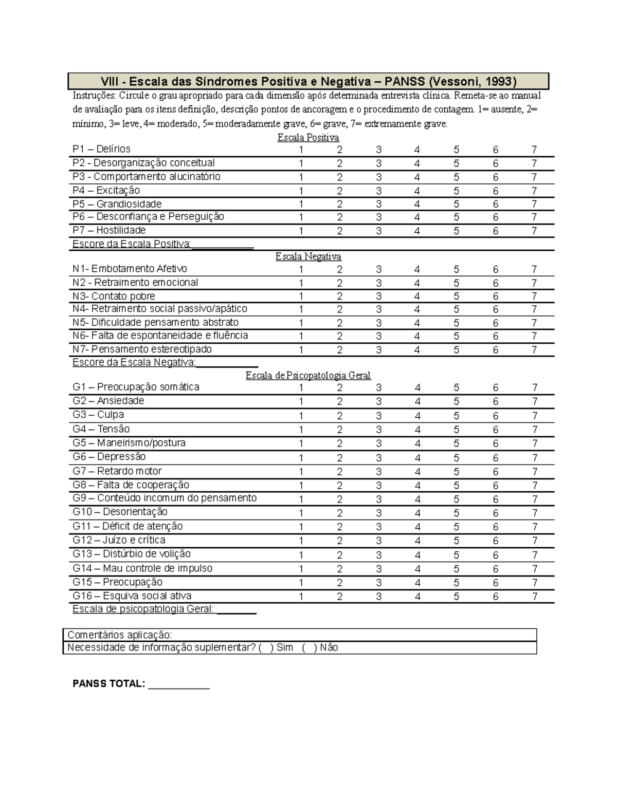 Escala de avaliação esquizofrenia panss - VIII - Escala das Síndromes ...