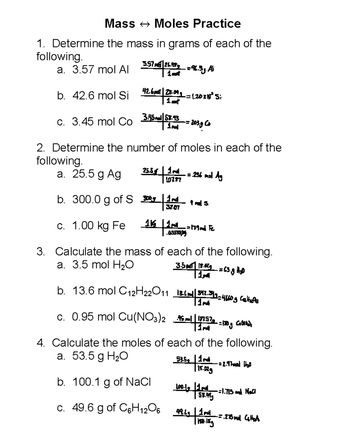 Mass to Moles Homework - Mass ↔ Moles Practice Determine the mass in ...