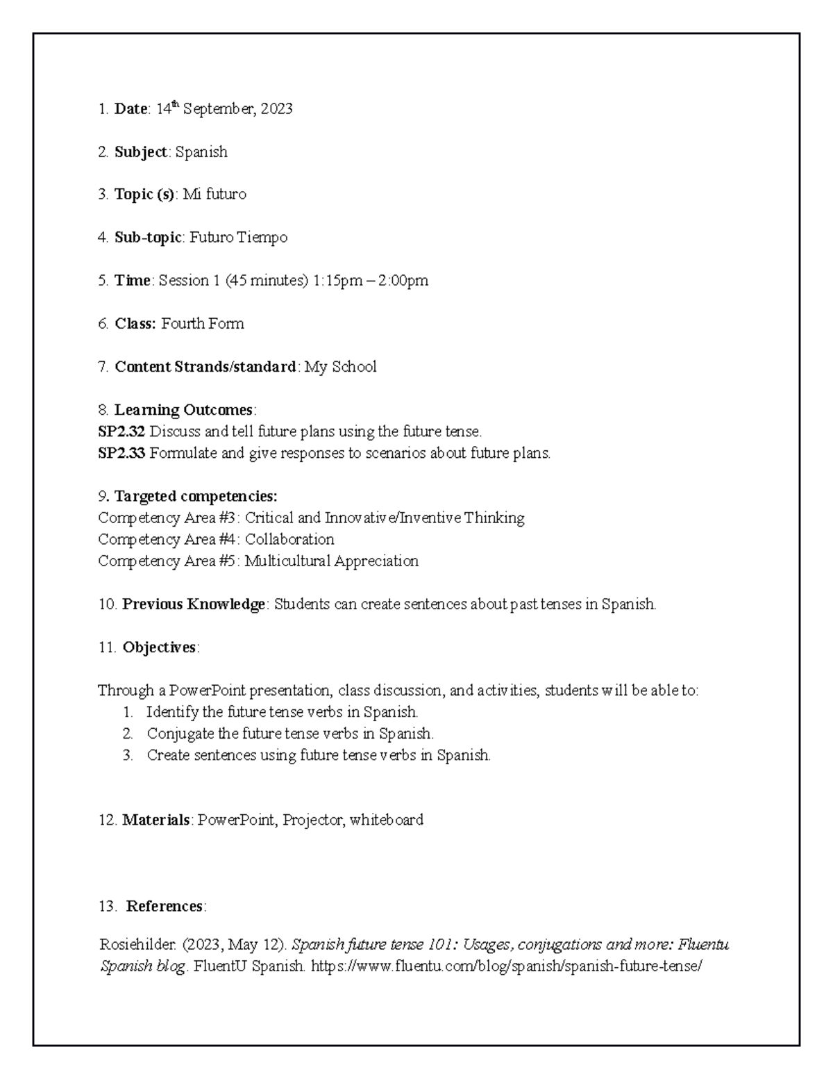 4th Form SPAN Lesson Plan WK3S1 - Date: 14th September, 2023 Subject ...