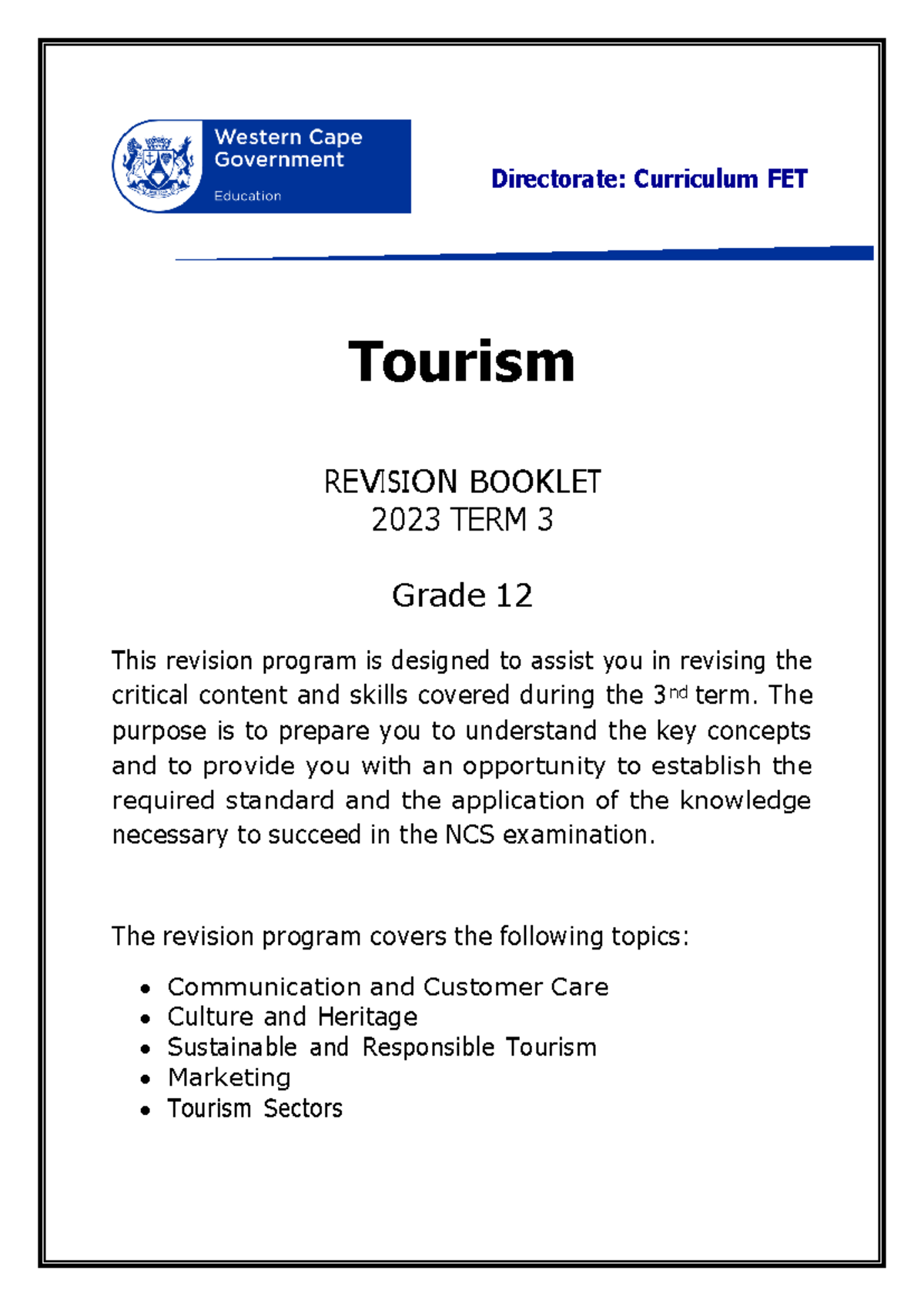 Tourism Revision Material Grade 12 Term 3 2023 - Directorate ...