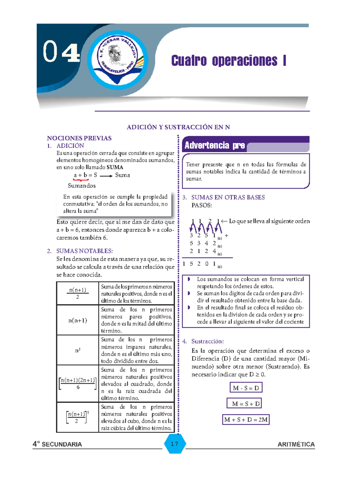 Cuatro operaciones - muy bueno - NOCIONES PREVIAS 1. ADICIÓN Es una ...