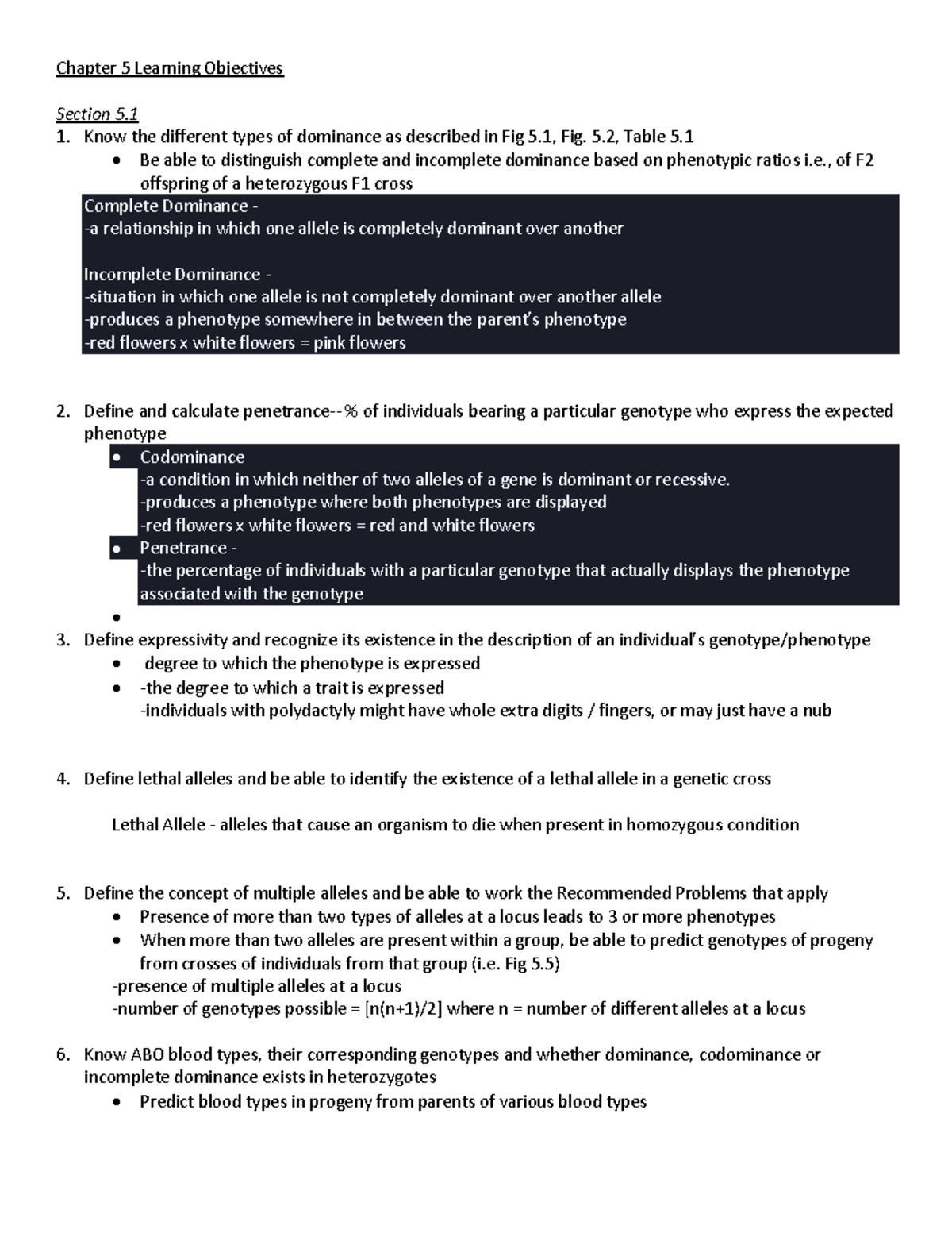 Ch 05 Genetics - Chapter 5 Learning Objectives Section 5. Know the different types of dominance ...