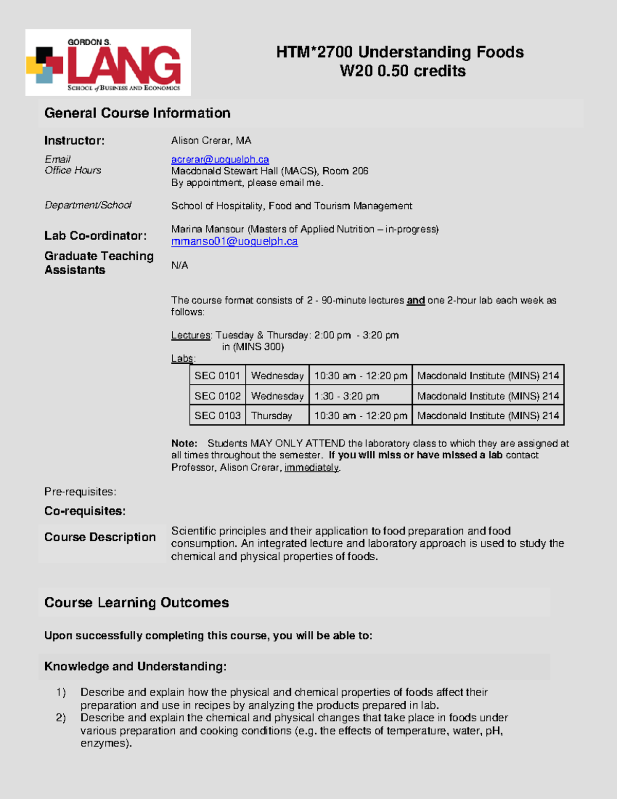 W20 HTM 2700 Outline - course description - HTM*2700 Understanding ...