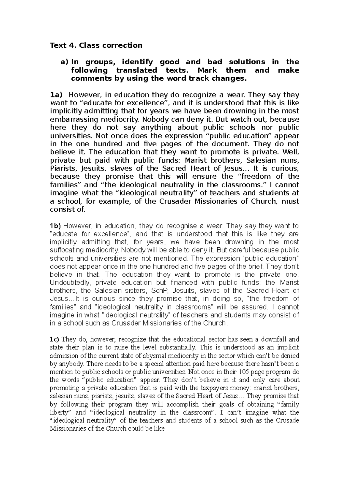 Text 4 correction - english - Text 4. Class correction a) In groups ...