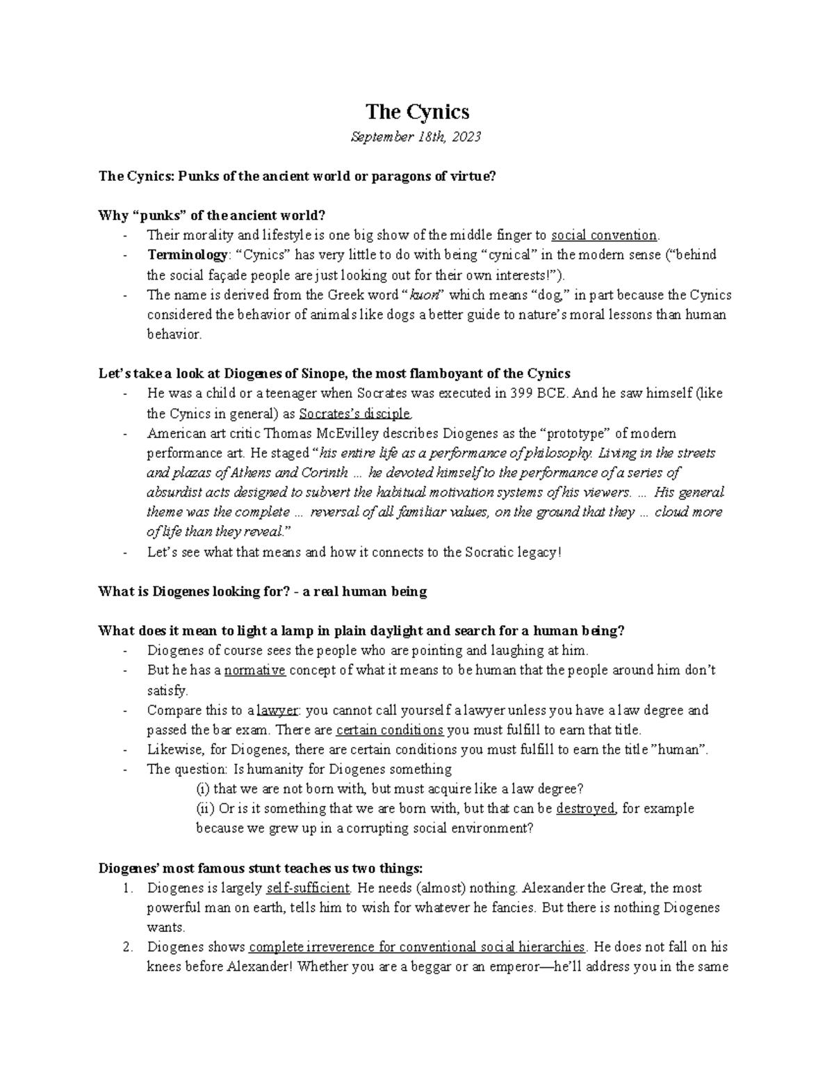 PHIL 202 - Sept 18 - The Cynics - The Cynics September 18th, 2023 The Cynics: Punks of the ...