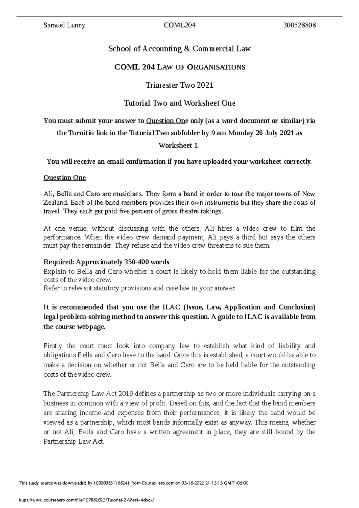 Tutorial 2 Week 4 - Samuel Lunny COML204 300528808 School of Accounting ...