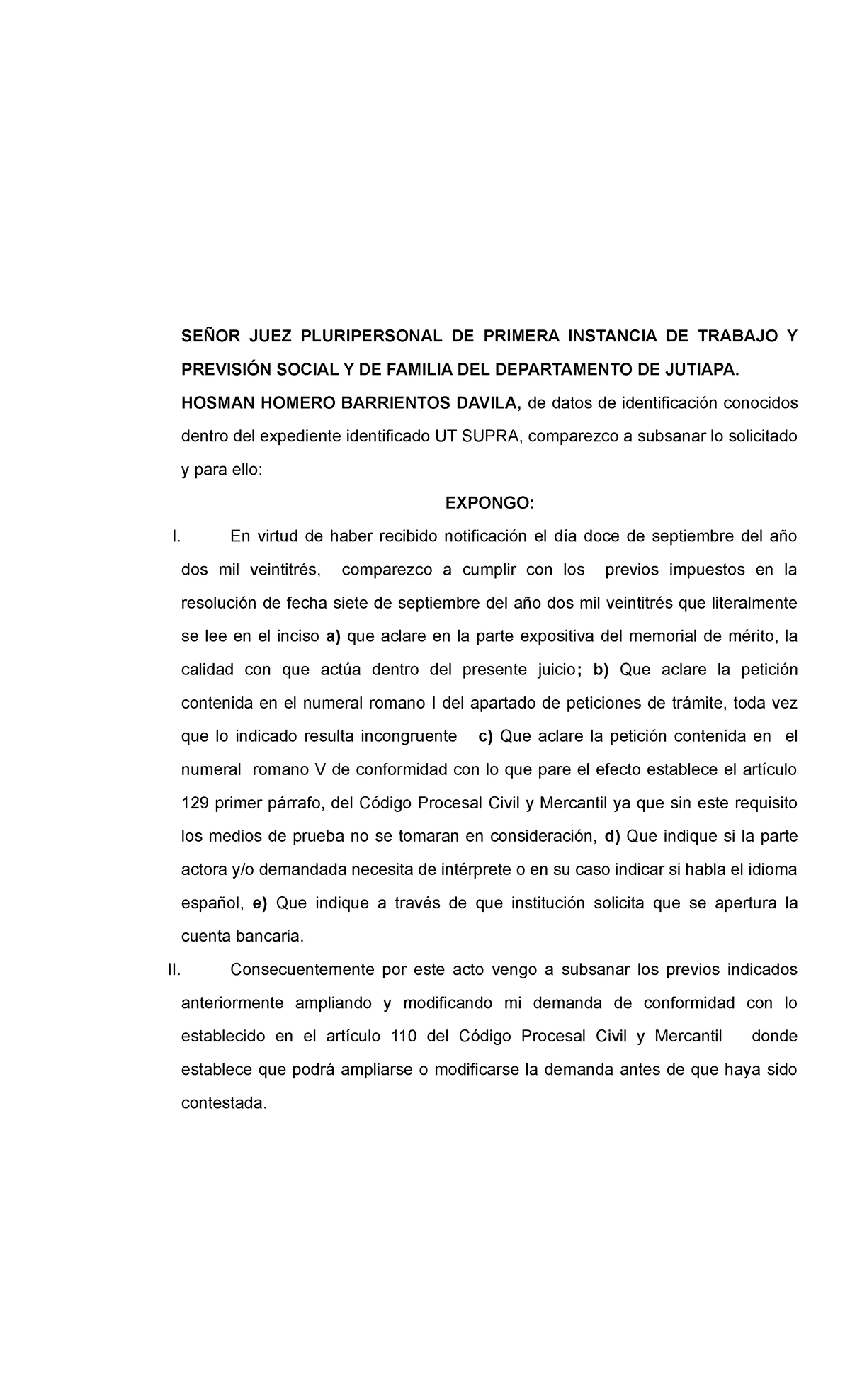 Subsanar Previo - memorial - SEÑOR JUEZ PLURIPERSONAL DE PRIMERA ...