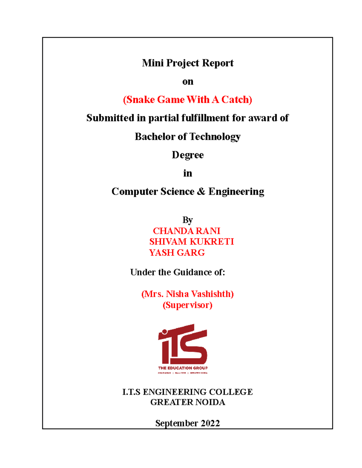 Mini project report sample - Mini Project Report on (Snake Game With A ...