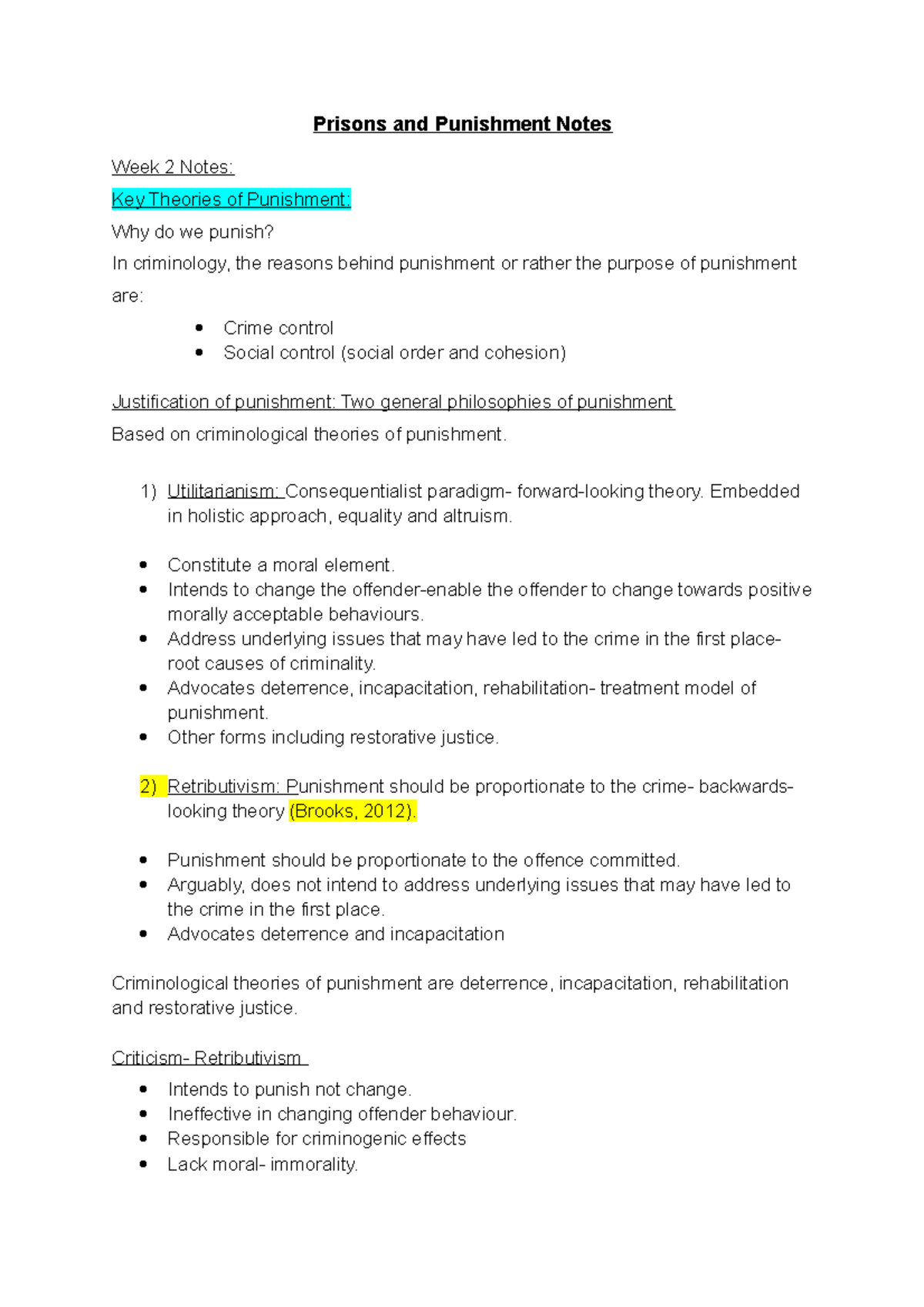 Prisons and Punishment Week 2 Lecture Notes - Prisons and Punishment ...