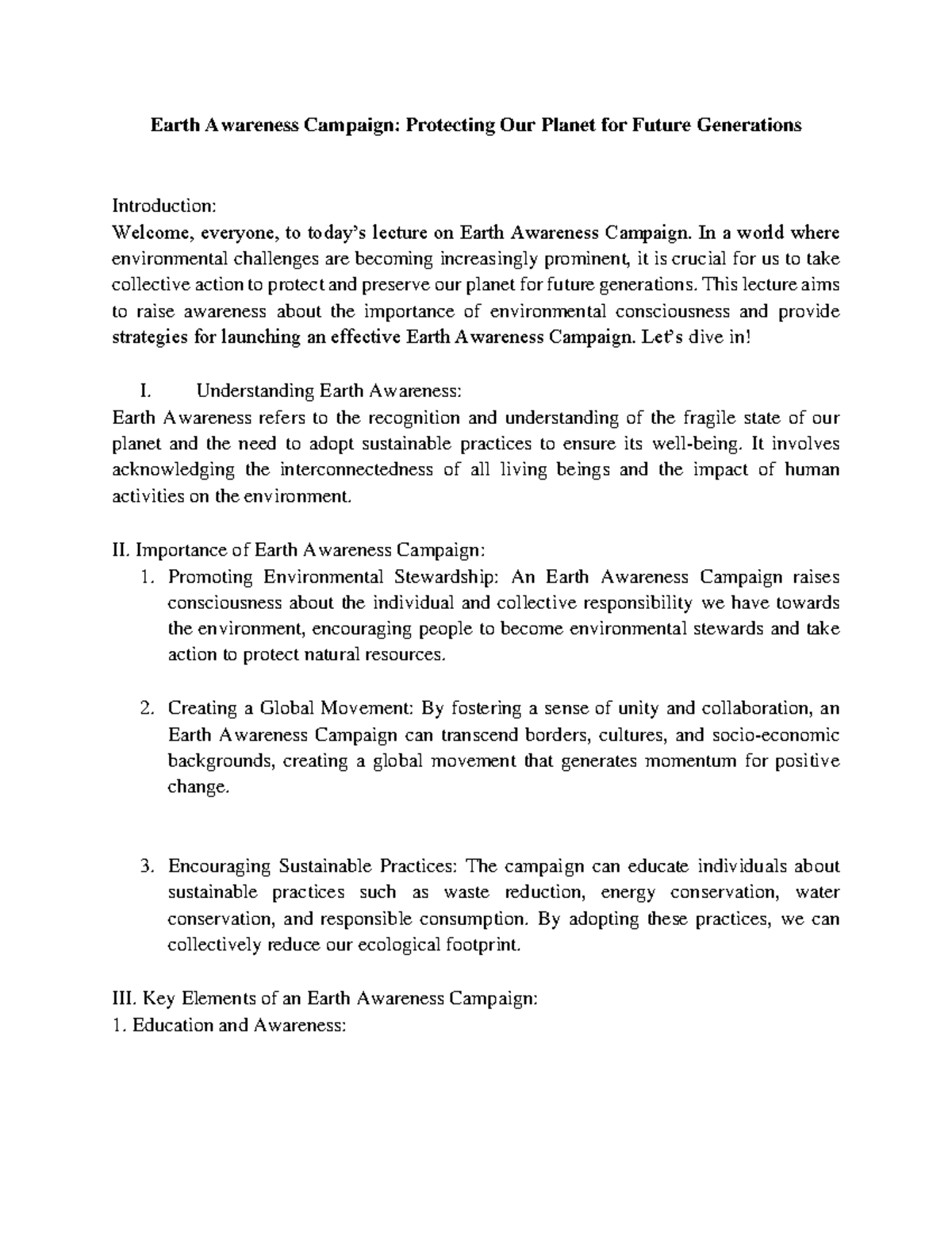 Earth Awareness Campaign - Protecting Our Planet for Future Generations ...