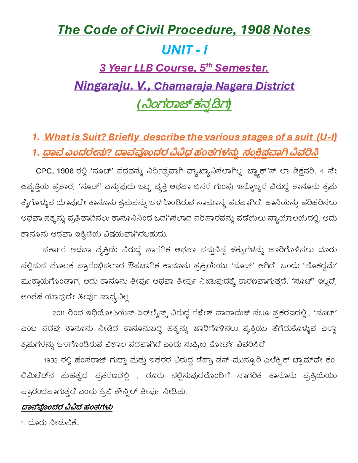 CPC Unit -I - Llb - The Code of Civil Procedure, 1908 Notes UNIT - I 3 ...