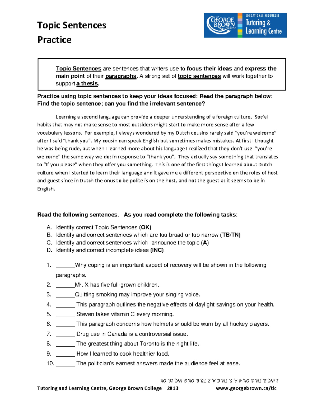 Topic sentences practice - Topic Sentences Practice Tutoring and ...