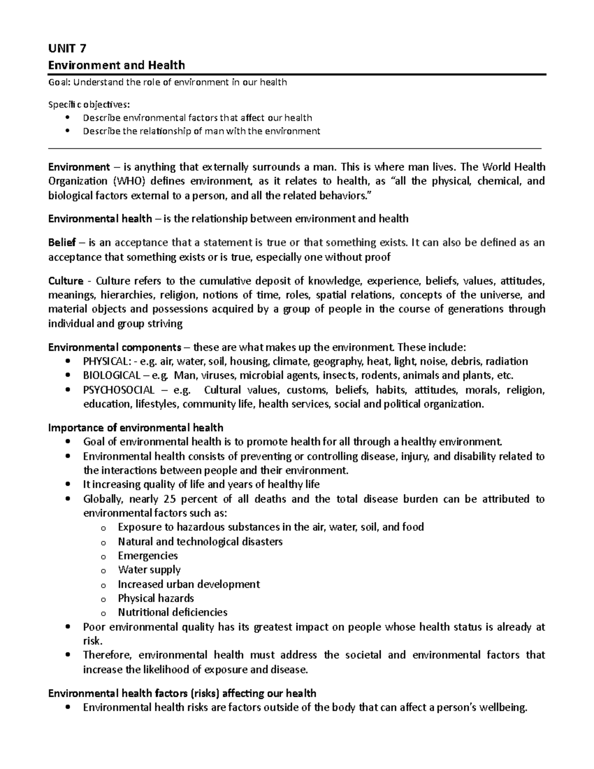 Unit 7 Environment and Health - UNIT 7 Environment and Health Goal ...