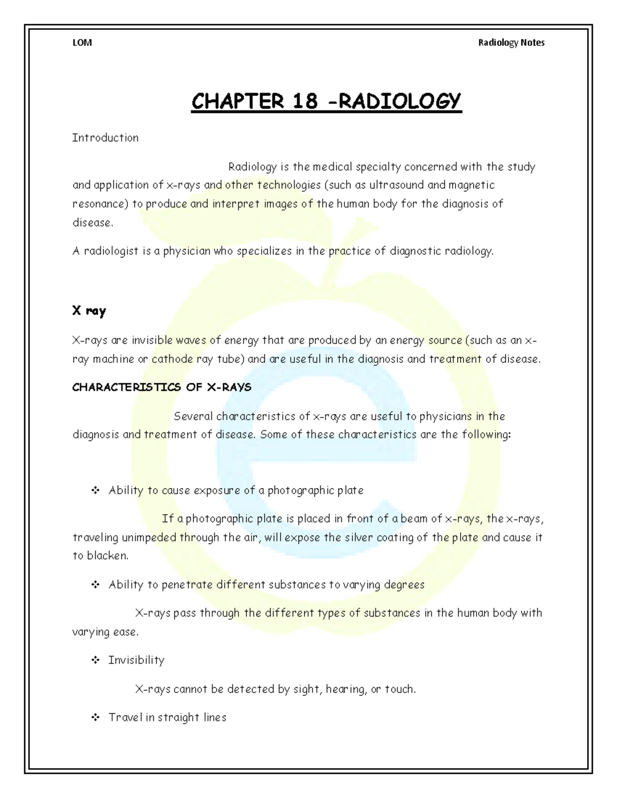 Radiologylomnotes - Radiology - CHAPTER 18 -RADIOLOGY Introduction ...