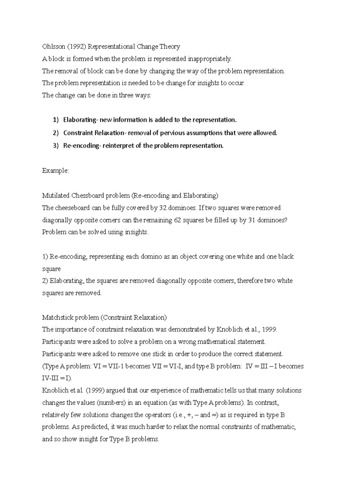 Ohlsson - psycho - Ohlsson (1992) Representational Change Theory A block is formed when the ...