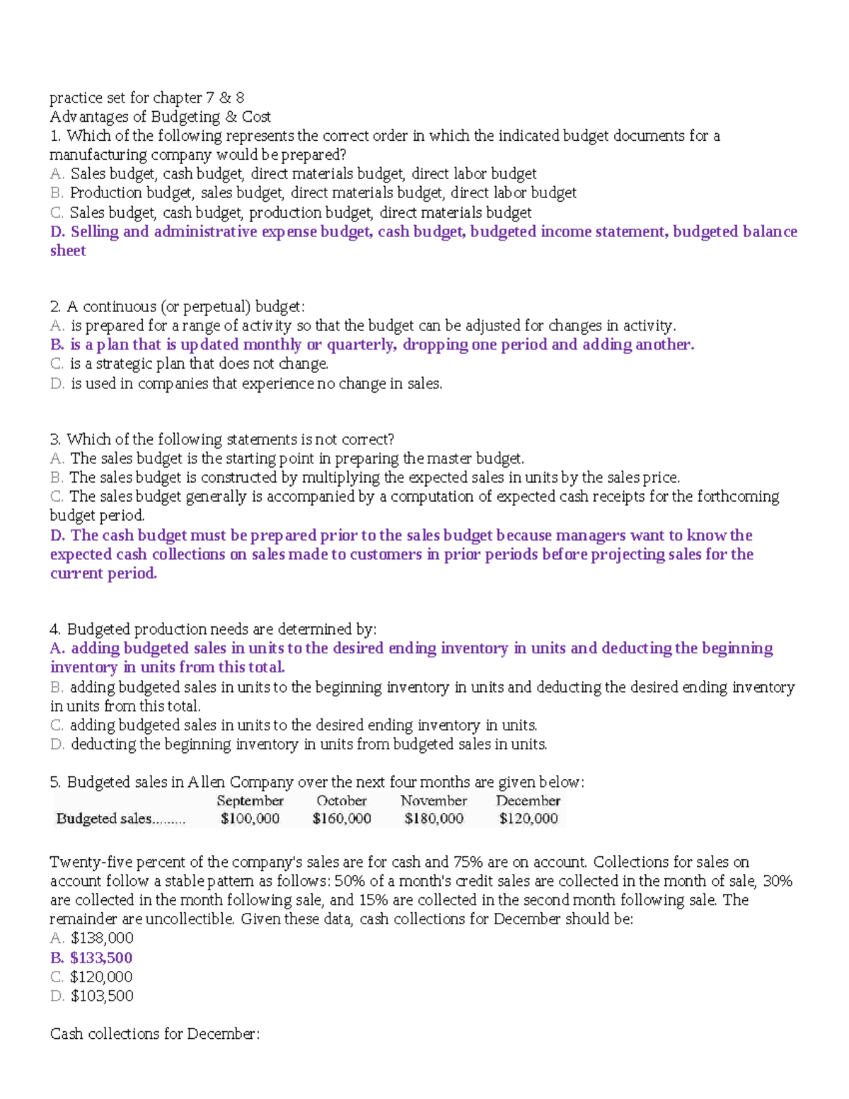 Practice Set with Answers Chapter 7 amp 8 Budget and Costs - practice ...