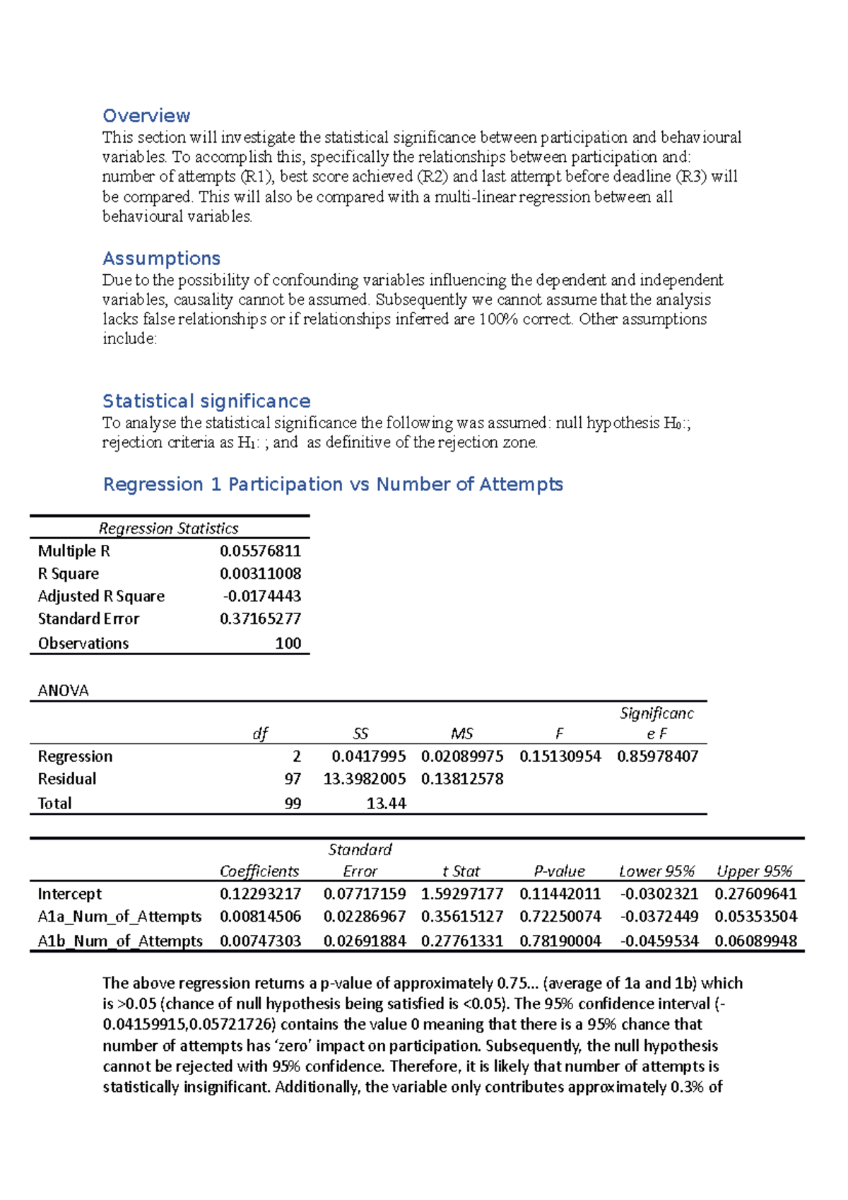 Assignment 2b - Overview This section will investigate the statistical ...