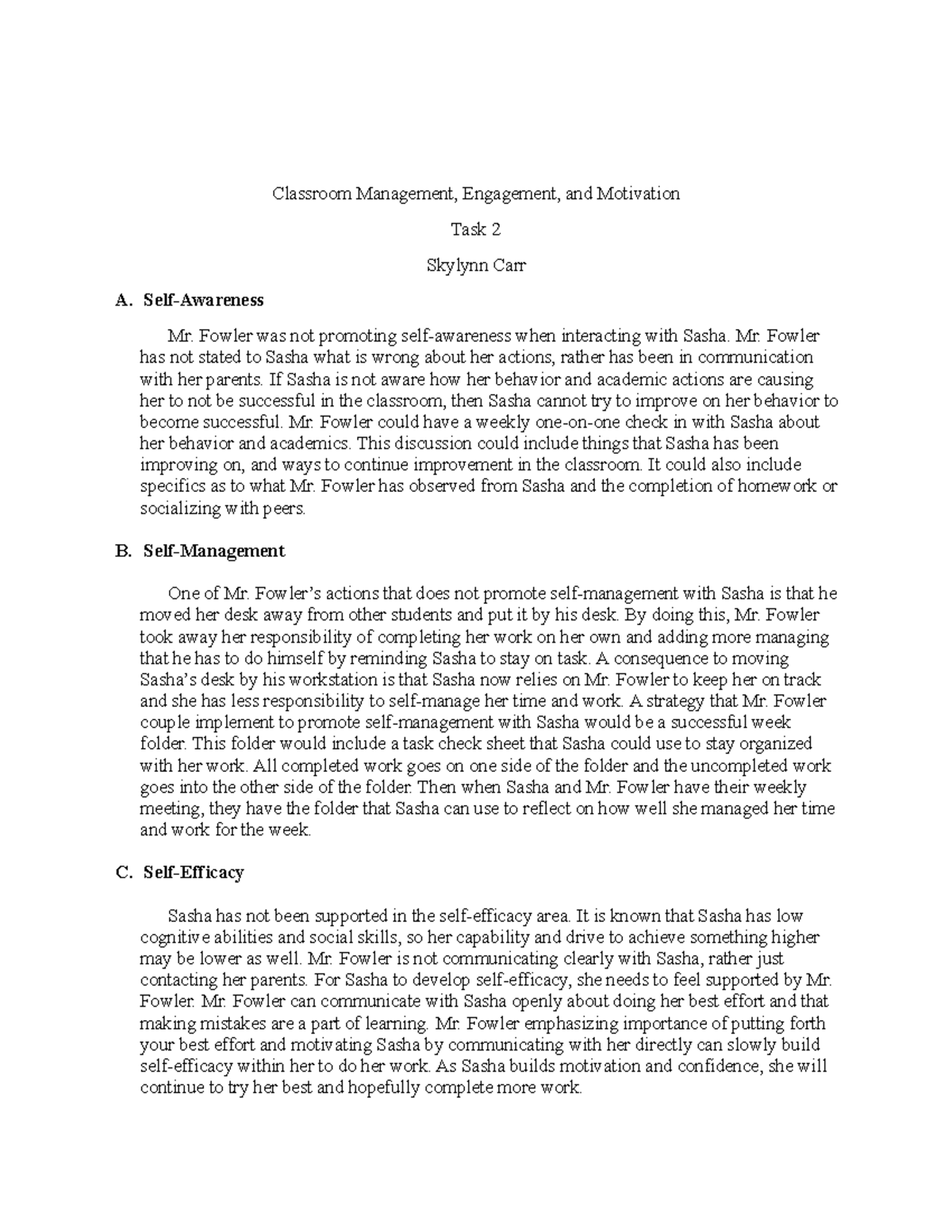 C572 Task 2 - C572 Task 2 - Classroom Management, Engagement, and ...