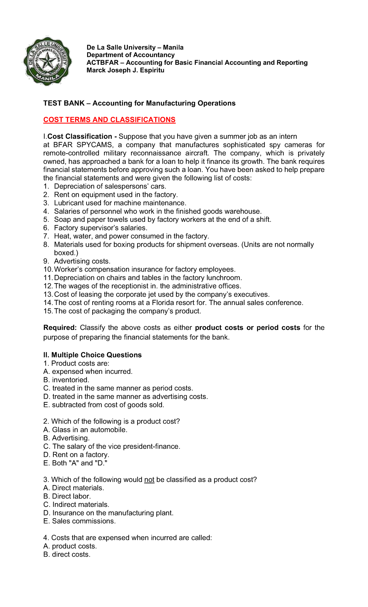 TEST BANK - Accounting for Manufacturing-1 - De La Salle University ...