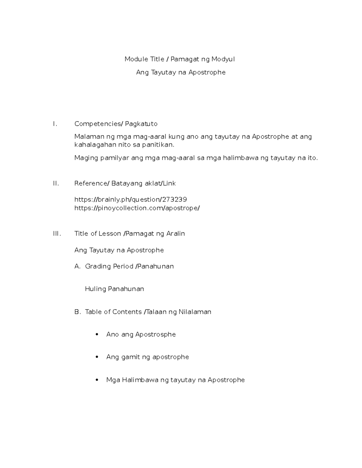 Lesson Plan - Apostrohe - Module Title / Pamagat ng Modyul Ang Tayutay ...