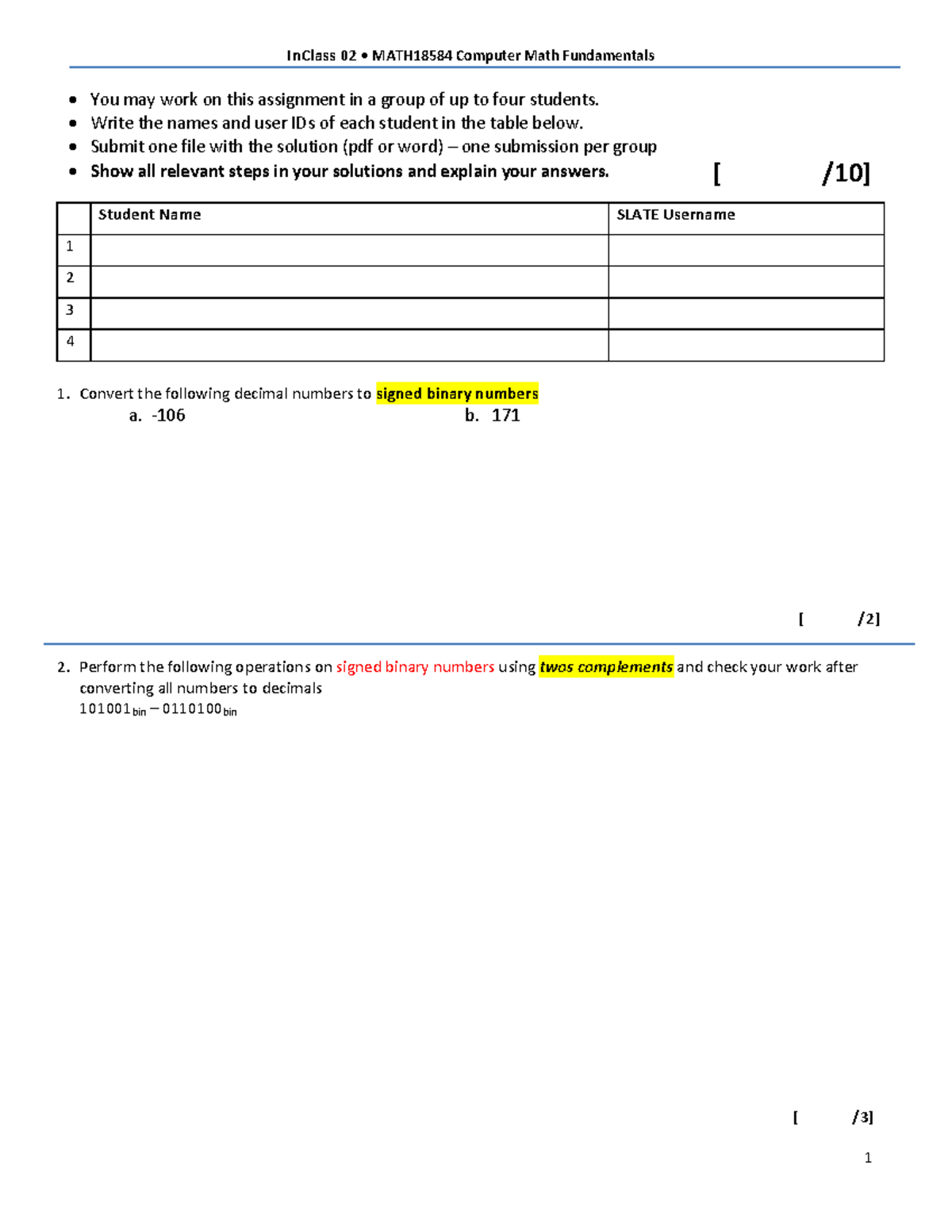 M1-MATH18584 In Class 02F - InClass 02 • MATH18584 Computer Math Fundamentals 1 • You may work ...