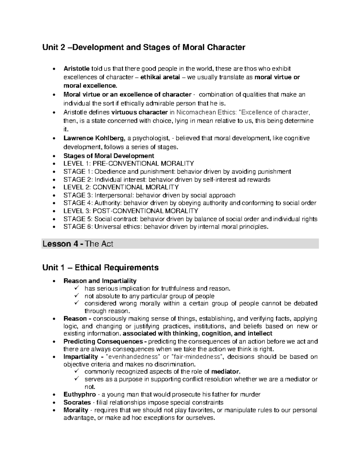 Ethics reviewer 2 - Unit 2 – Development and Stages of Moral Character ...
