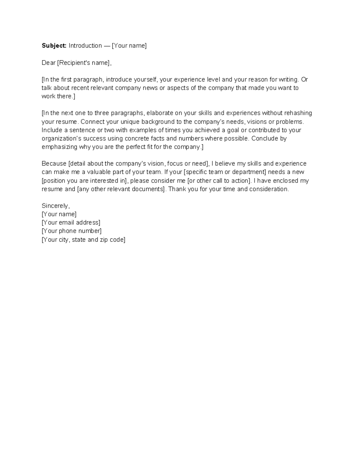 Letter of Intent Email Template - Subject: Introduction — [Your name ...