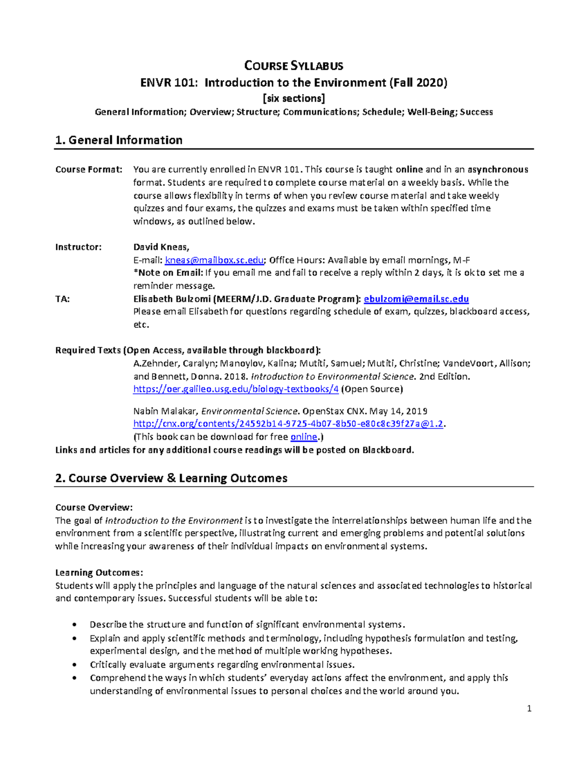 ENVR 101 Syllabus Kneas Fall 2020 - COURSE SYLLABUS ENVR 101 ...