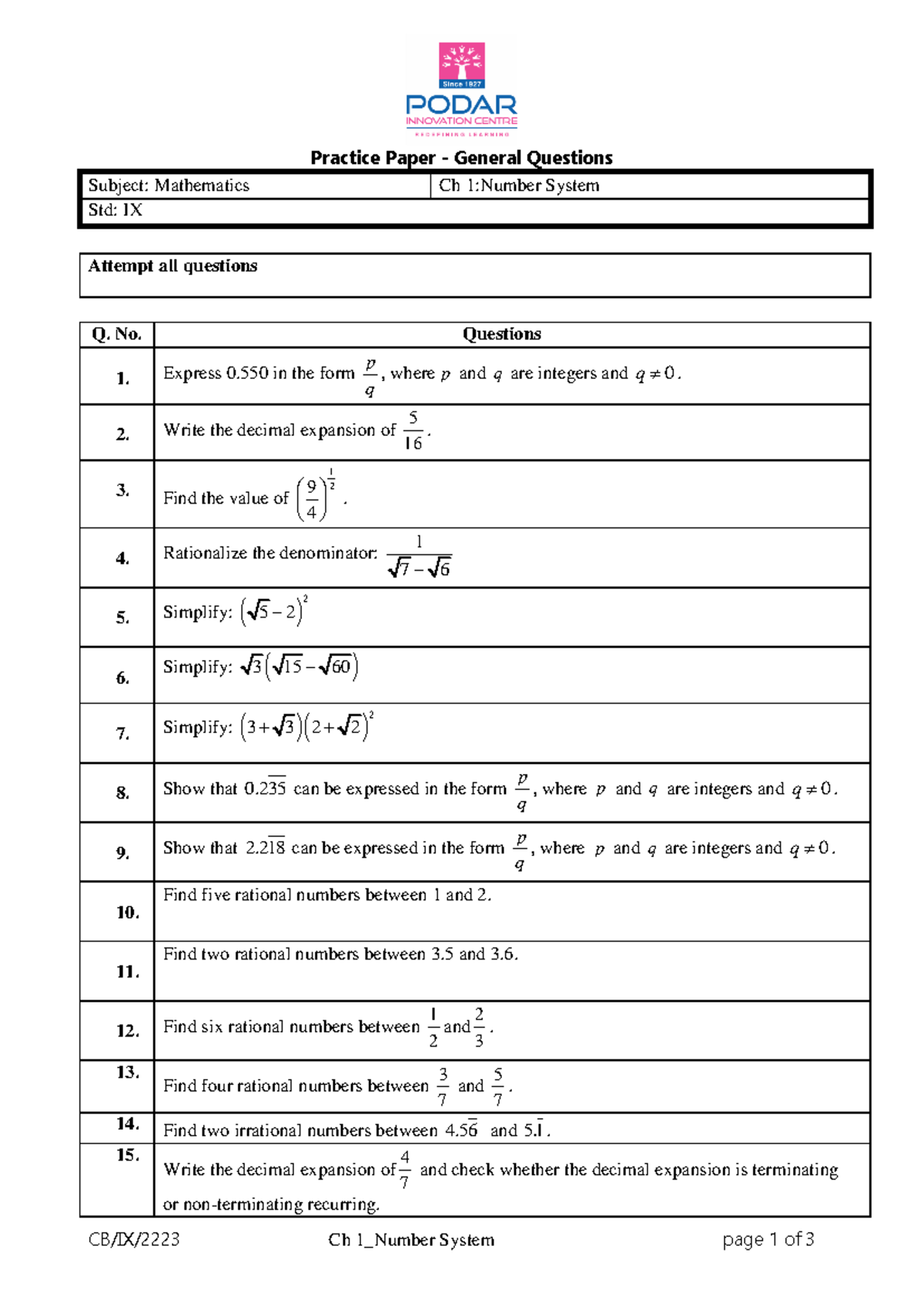 QP CB IX Math Ch 1 Number System General Qs - Practice Paper - General ...