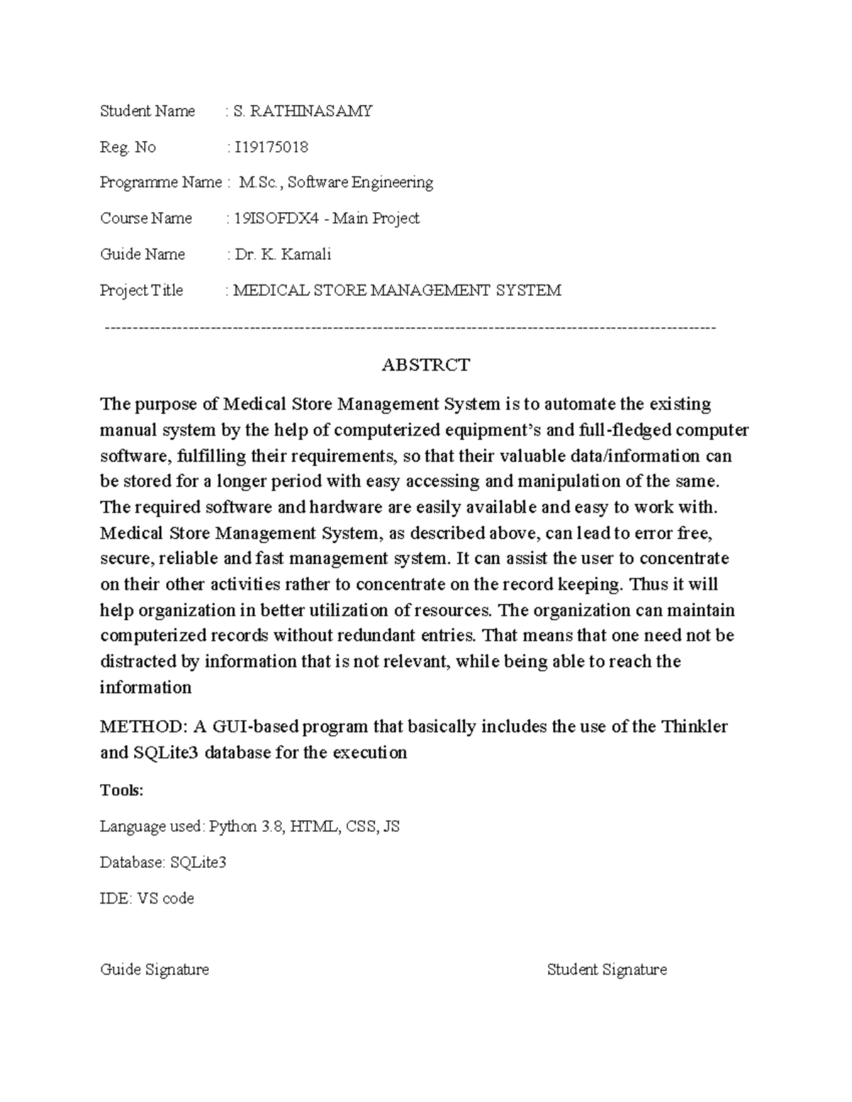 Project abstract(medical store) - Student Name : S. RATHINASAMY Reg. No ...