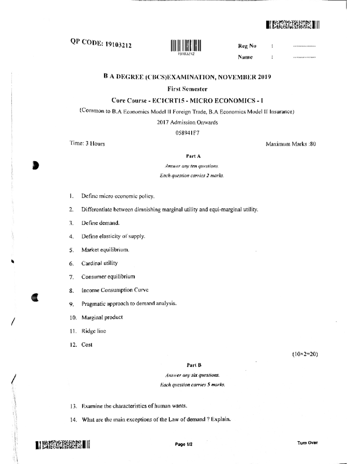 Micro Economics.2019 - QP CODE: 19103212 Reg No : 19103212 Name : BA DEGREE (CBCS)EXAMINATION ...