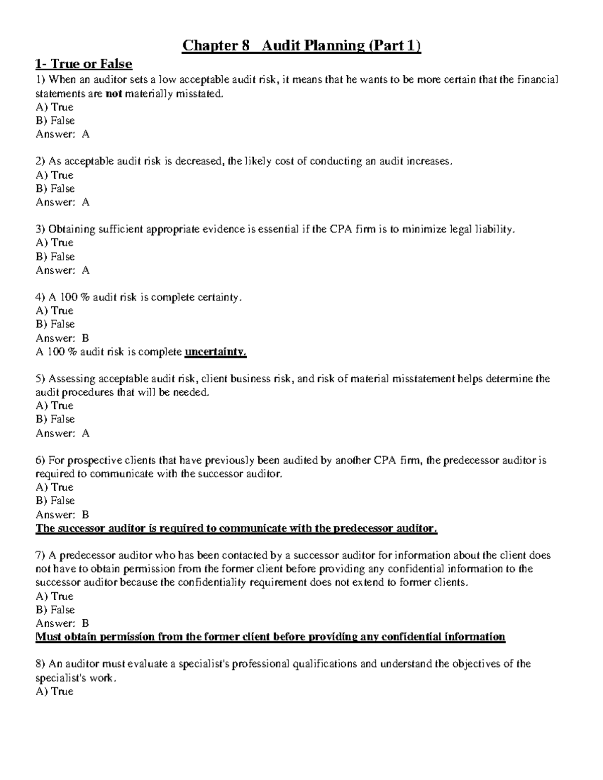 A. Audit tut 2 ch 8 part 1 - Chapter 8 Audit Planning (Part 1) 1- True ...