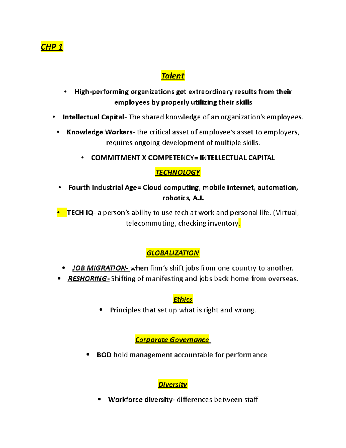 MGMT CHP 1 Notes - i dont wanto to write this out - CHP 1 Talent High ...