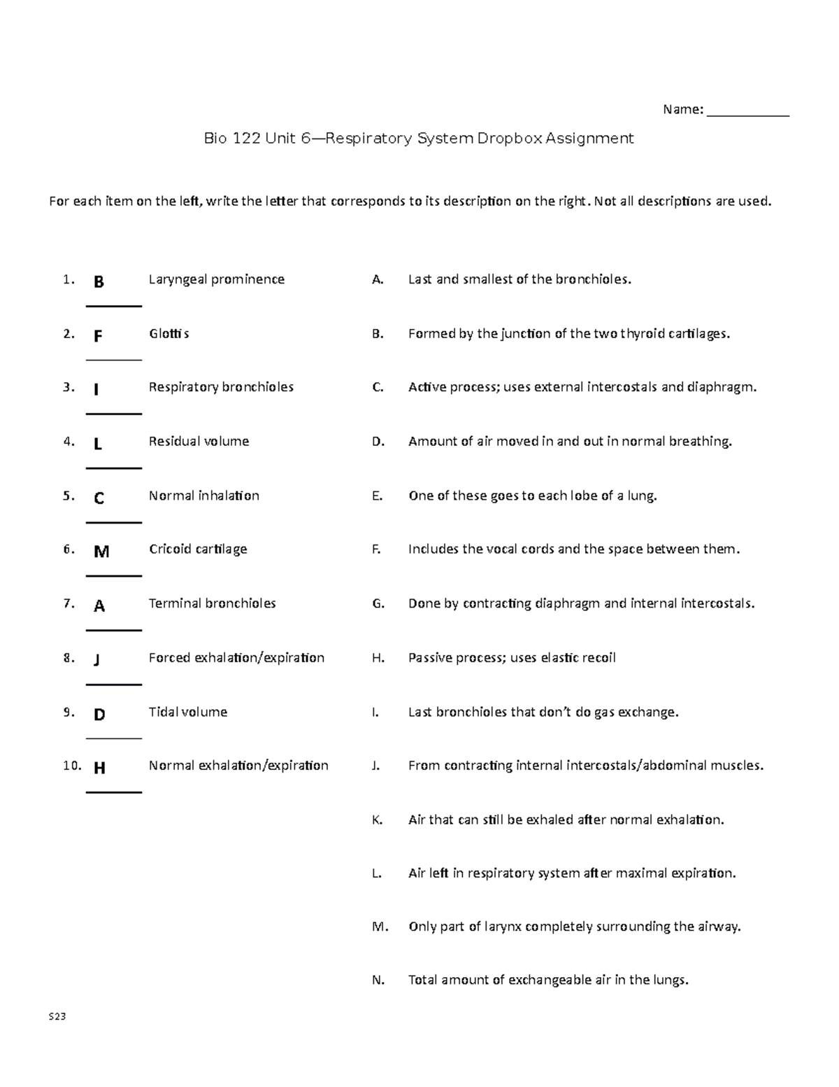 Unit 6 Respiratory Dropbox Worksheet - Name: ___________ Bio 122 Unit 6 ...
