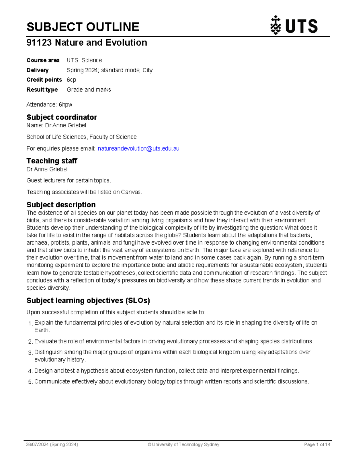 Nature - Subject outline - SUBJECT OUTLINE 91123 Nature and Evolution ...