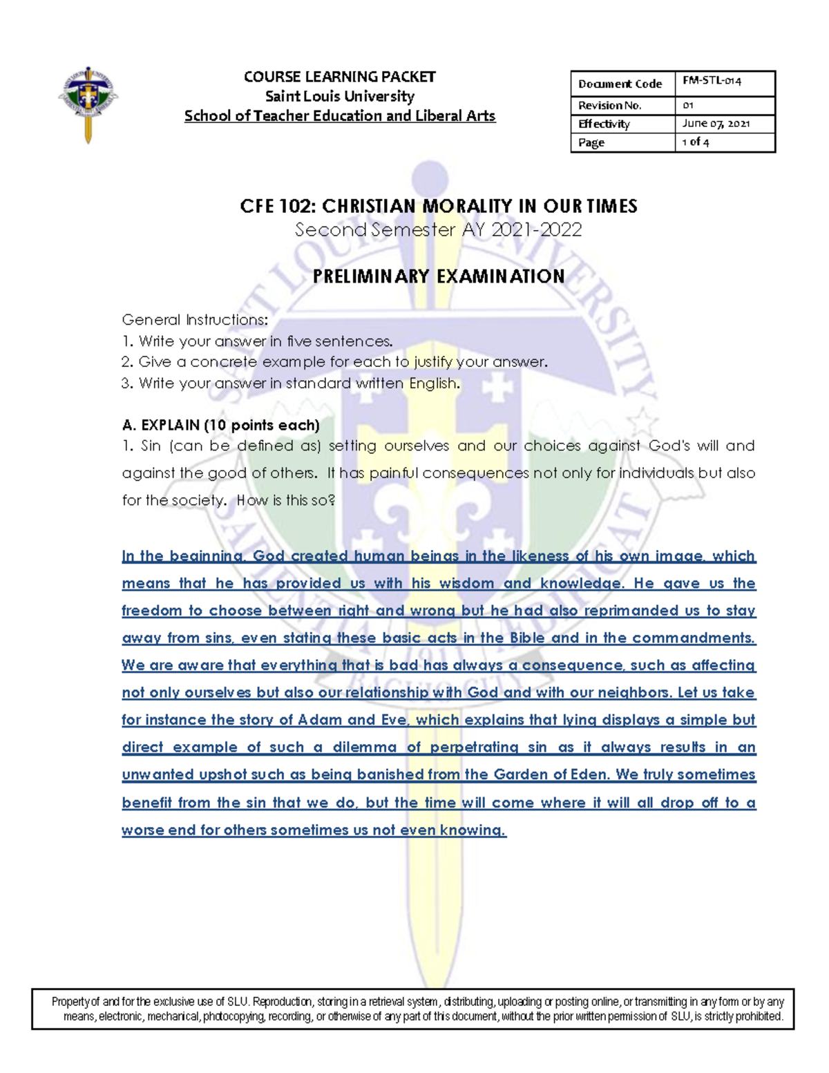 CFE 102 Prelim Exam - Study hard. - Revision No. 01 Effectivity June 07 ...