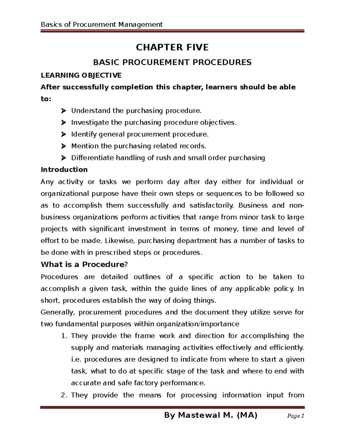 Basic procu.t ch-3 - Lecture notes - CHAPTER FIVE BASIC PROCUREMENT ...