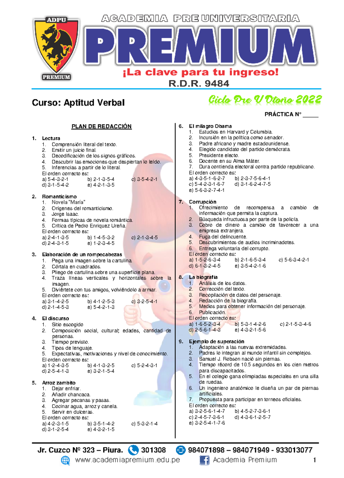 Aptitud Verbal-PRE U-OTO22-II-09 PLAN DE Redaccion - Curso: Aptitud ...