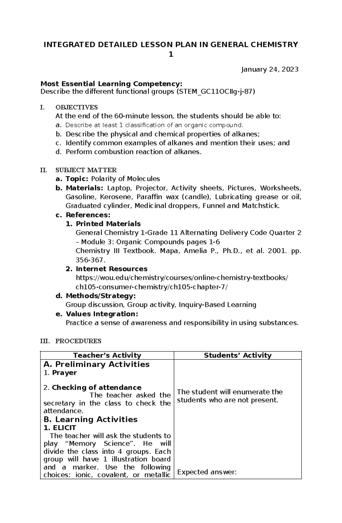 Detailed Lesson Plan in General Chemistry 1 Alkanes - INTEGRATED ...