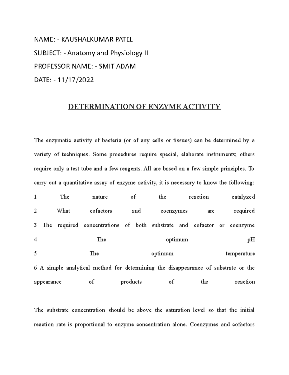 Determination OF Enzyme Activity - NAME: - KAUSHALKUMAR PATEL SUBJECT ...