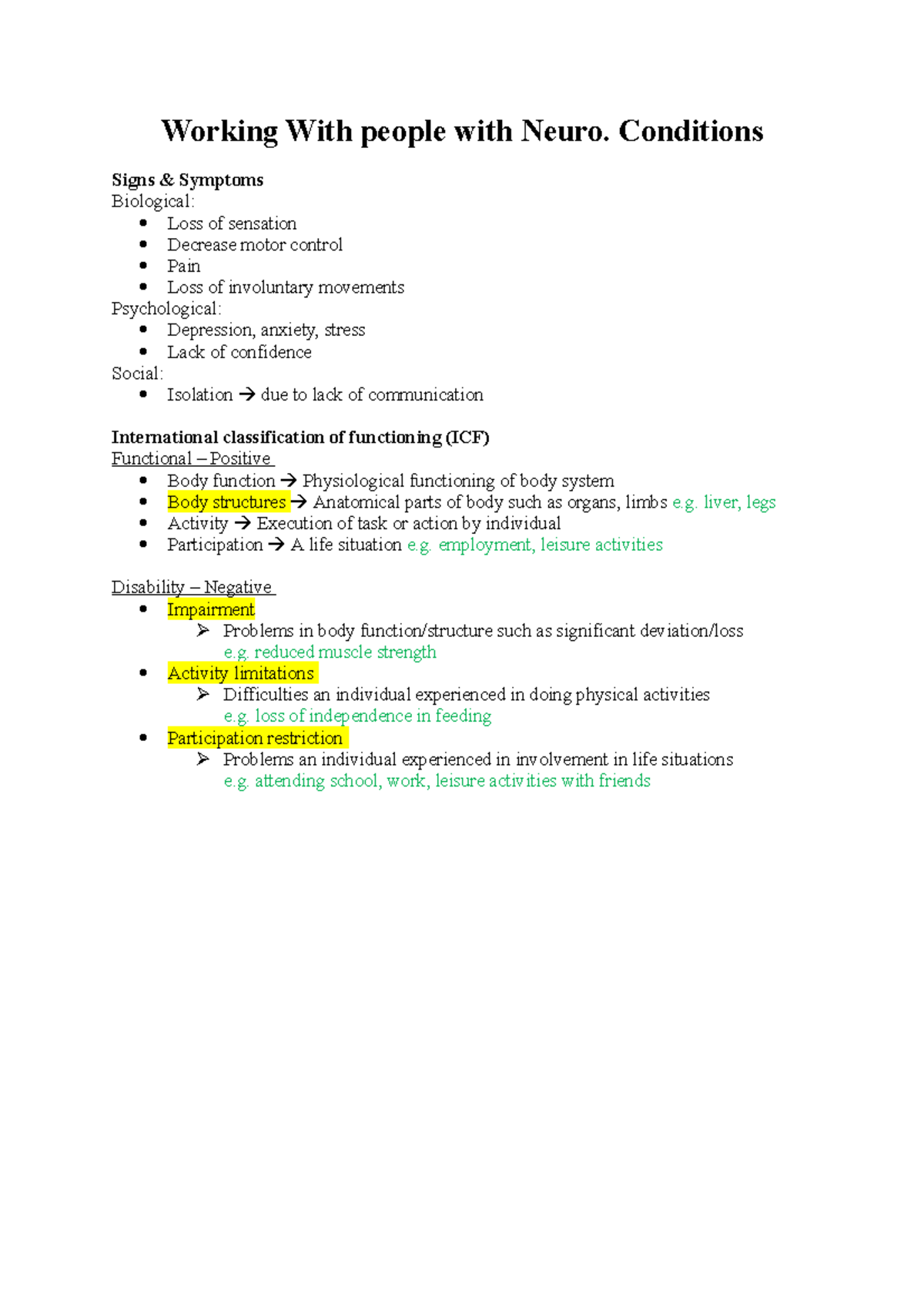 Neuro Revision Notes - Working With people with Neuro. Conditions Signs ...
