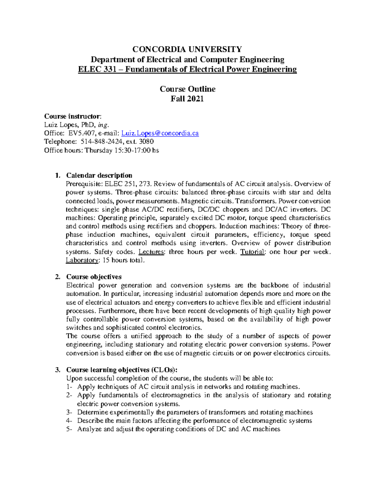 F2021 Course Outline V1 - CONCORDIA UNIVERSITY Department of Electrical ...