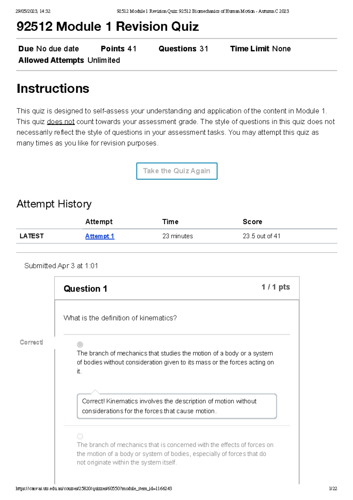 92512 Module 1 Revision Quiz 92512 Biomechanics of Human Motion - Autumn C 2023 - 92512 Module 1 ...