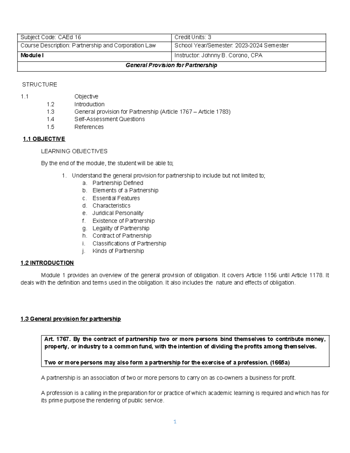 Module 1 Part Cor Law Lecture Structure 1 Objective 1 Introduction 1 General Provision For 
