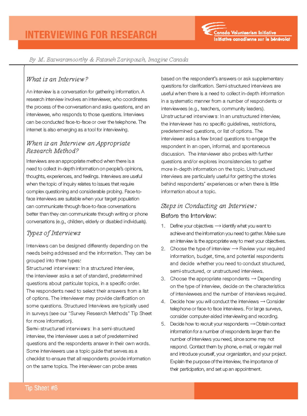 Tipsheet 6 interviewing for research en 0 - By M. Easwaramoorthy & Fataneh Zarinpoush, Imagine ...