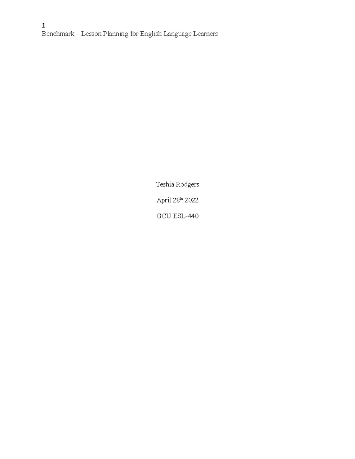 Benchmark – Lesson Planning for English Language Learners- TRodgers ...